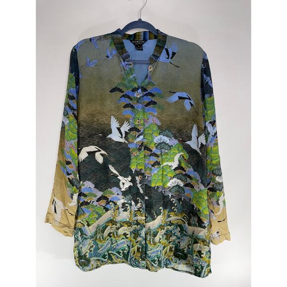 Citron | Tops | Citron 0 Silk Blouse Cranes Over Waves Print Size Xl ...